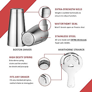 Derrison Boston Shaker Set: 18oz & 28oz Premium Weighted and Unweighted Cocktail Shaker Set with Hawthorne Strainer, Heavy Duty Stainless Steel Bar tools