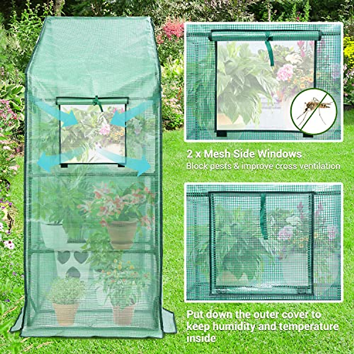 Ohuhu Greenhouse for Outdoors with Mesh Side Windows, 3 Tiers 4 Shelves Small Walk-In Green House Plant Stands Plastic PE Cover Outside Portable Warm House for Seedling Flowers Growing, 4.8x2.5x6.4 FT