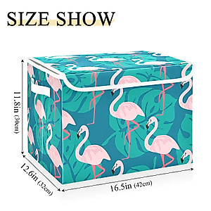 ALAZA Collapsible Large Storage Bin with Lid, Flamingo Palm Leaves Pattern Foldable Storage Cube Box Organizer Basket with Handles, Clothes Blanket Box for Shelves, Closet, Nursery, Playroom
