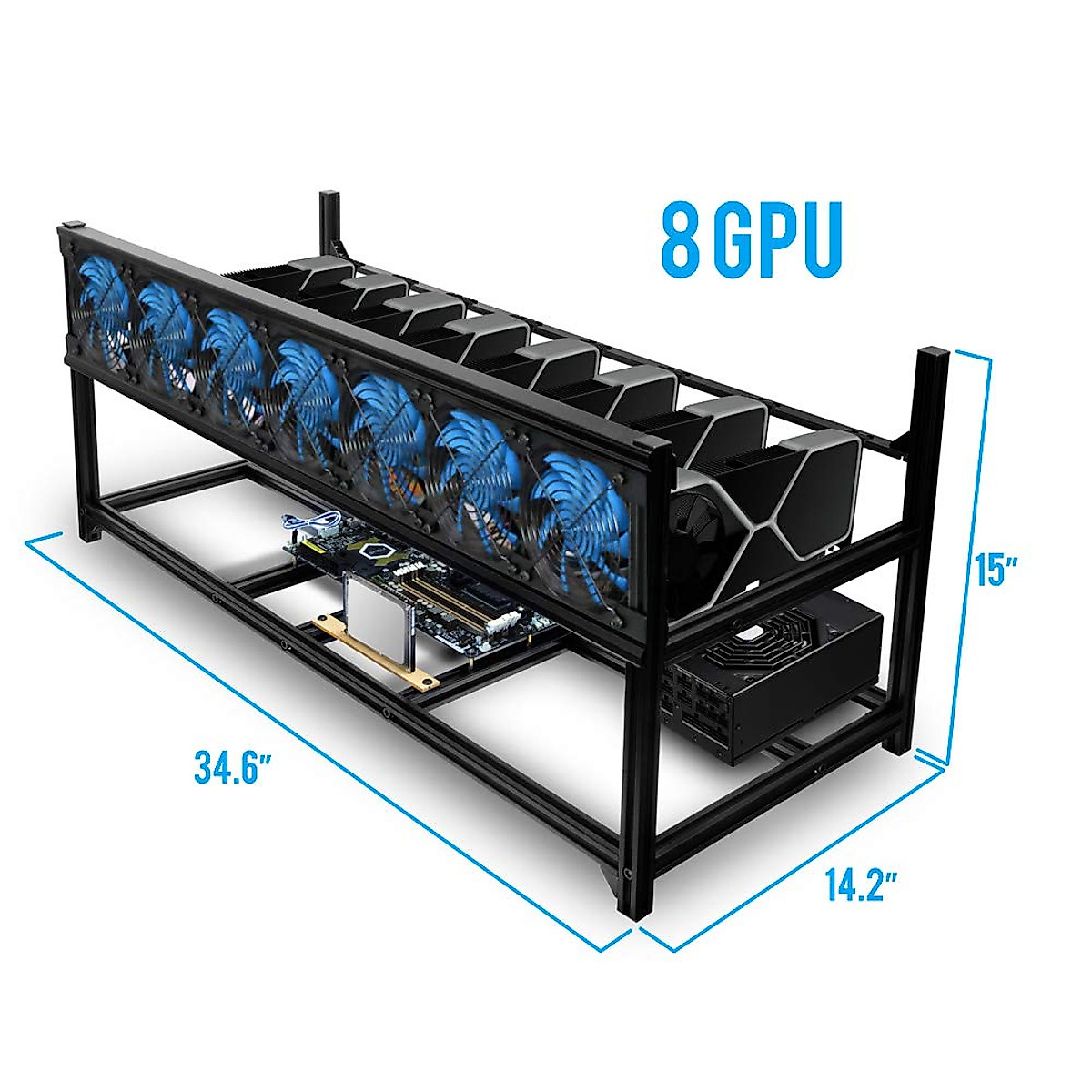 Kingwin 8 GPU Miner Rig Case Frame – Premium Stackable Aluminum Mining Rig Enclosure for Efficient Crypto Mining, Test Bench PC Case.