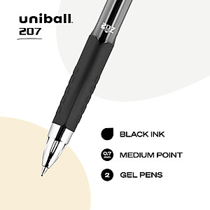 Black Retractable Gel Pens 2 Pack with Medium Points, Uni-Ball 207 Signo Click Pens are Fraud Proof and the Best Office Pens, Nursing Pens, Business Pens, School Pens, and Bible Pens