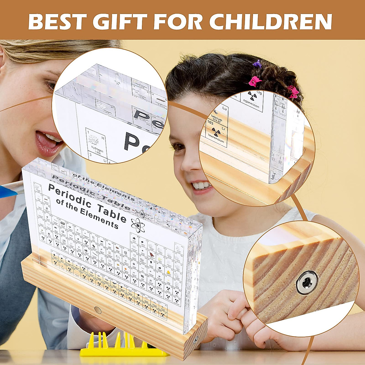 OCTAOR Periodic Table of Real Elements, Wooden Base with RGB Lighting and Magnifying Glass, Student Chemistry Learning Tool, Larger Size Acrylic Science Gift and Craft (8.3 x 5.5 inch)