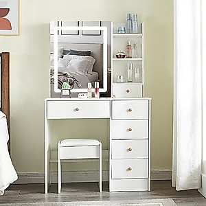 JBLCC Large Vanity Desk with Mirror and Lights, Vanity Table Makeup Vanity with Slidable Mirror 5 Drawers and Storage Shelves,Dressing Table Set 3 Lighting Color Adjustable (06LED)