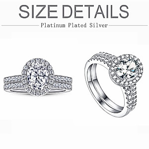 Oval Bridal Sets Wedding Ring Set for Women Platinum Plated Silver, 1Carat Center Moissanite Engagement Ring Set White Gold Anniversary Promise Rings for Her with Text Engraving（size 7