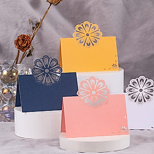 Table Card for Wedding Bride Shower Dinner, Reception, Banquet, Buffet Food, Seating Place Cards for Tables, Scored for Easy Folding, Hollow Flower Design, 50 Pack (Platinum)