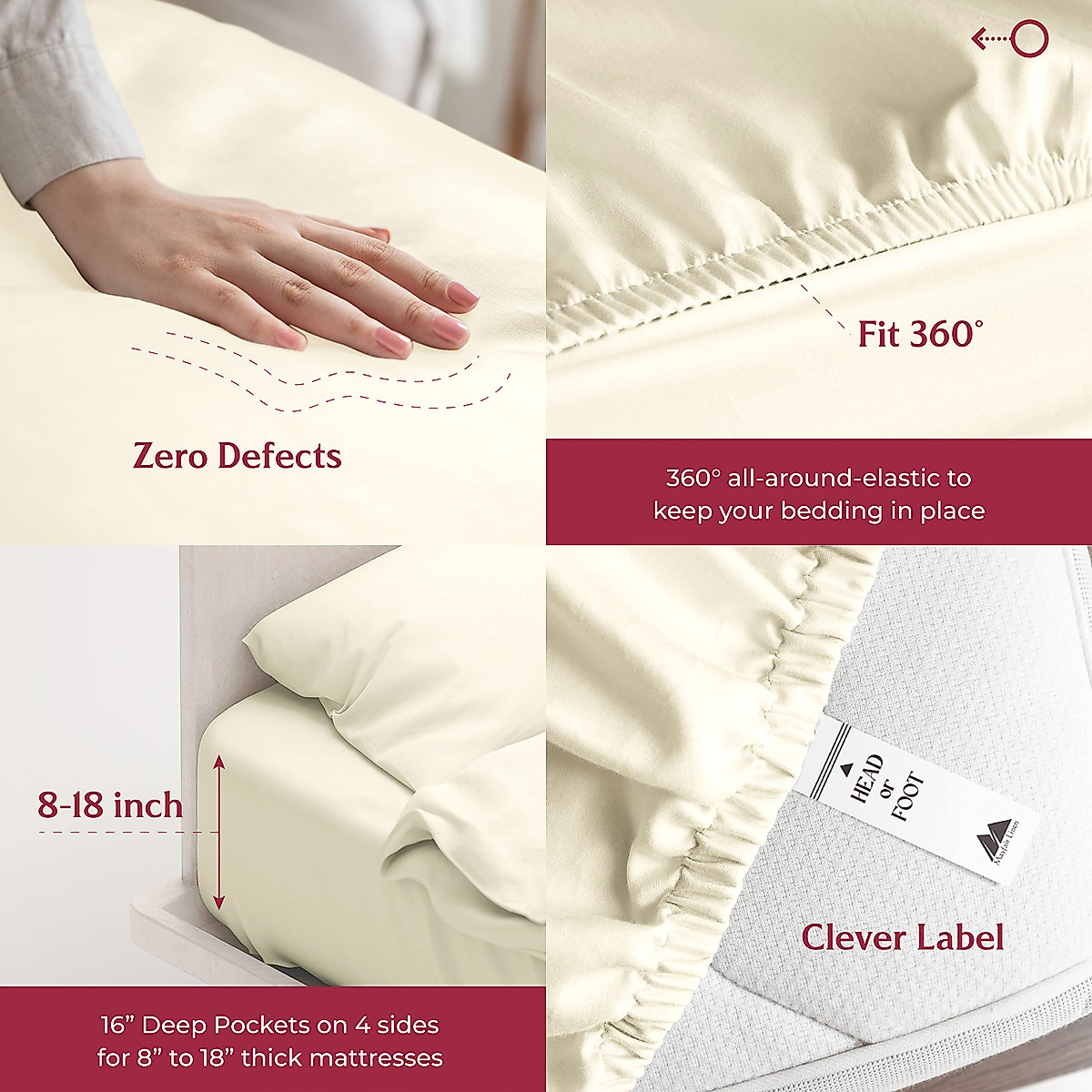 Mayfair Linen 100% Egyptian Cotton Sheets Queen Size - 800 High Thread Count Sheets Queen, 4 PC Luxury Hotel Sheets for Queen Size Bed, 16" Deep Pocket Sateen Weave Soft Cooling Bedding Sets - Ivory