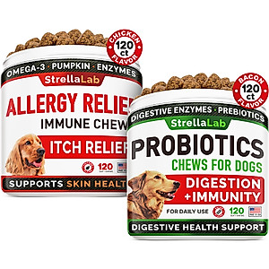 Allergy Relief + Probiotics Dogs Bundle - Itchy Skin Treatment + Digestive Enzymes - Omega 3 & Pumpkin + Prebiotics - Dogs Itching & Licking Treats + Improve Digestion - 240 Chews - Made in USA