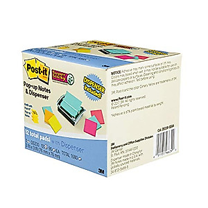 Post-it Sheet Super Sticky Note and Dispenser Value Pack, 3 in x 3 in, 12 Pads, Assorted Colors (DS330-SSVA)