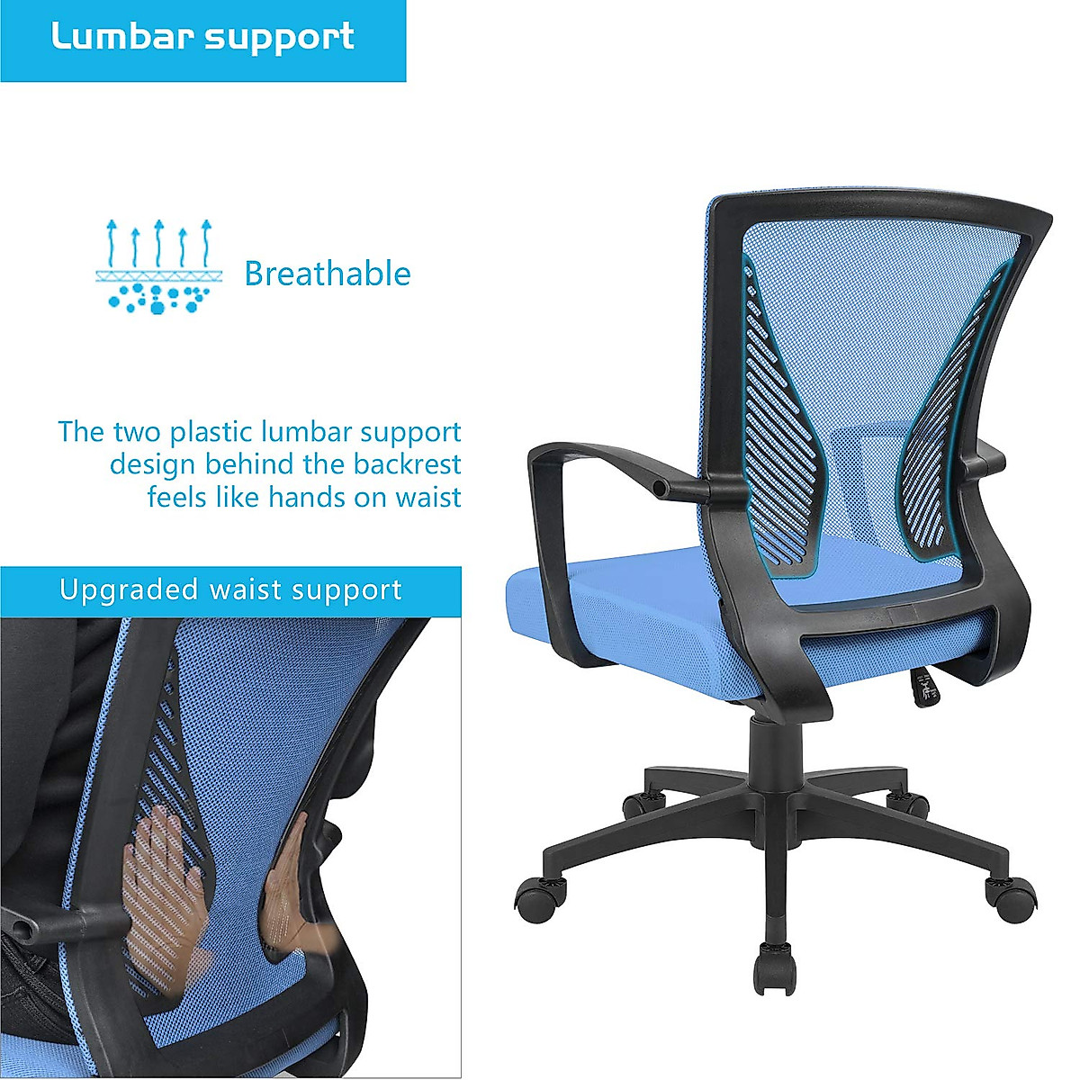 Furmax Office Chair Mid Back Swivel Lumbar Support Desk Chair, Computer Ergonomic Mesh Chair with Armrest (Blue)