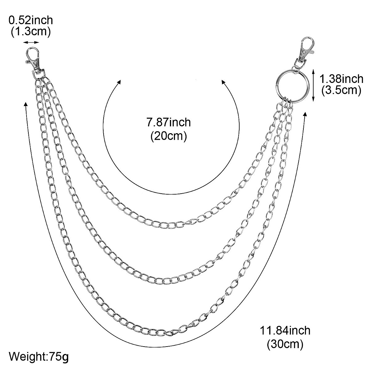 3 Pieces Jeans Chains Wallet Chain Pocket Chain Belt Chains Hip Hop Pants Chain with Lobster Claw Clasps for Keys, Wallet, Jeans Pants Belt Loop Purse Handbag (Silver)