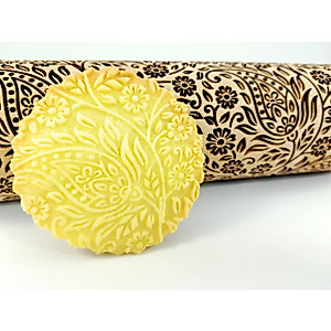 KASHMIR pattern Embossed Rolling Pin. Engraved Dough Roller with Paisley for Embossed Cookies and Pottery by Algis Crafts