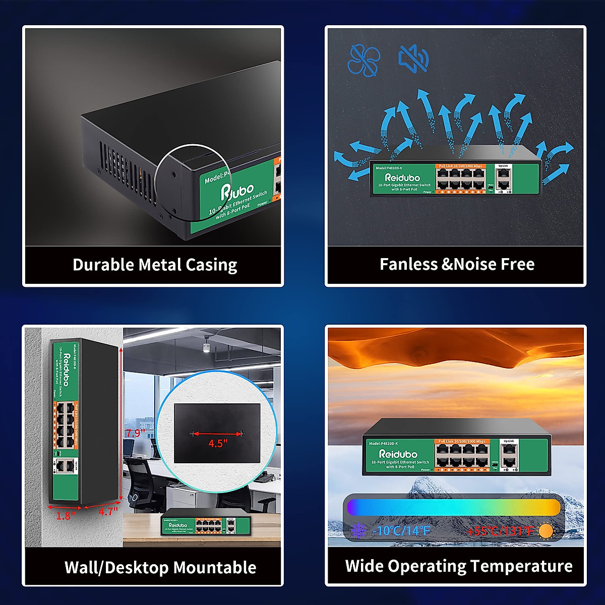 Reidubo 8 Port Gigabit PoE Switch with 2 Gigabit Uplink,1000Mbps PoE Ethernet Unmanaged Network Switch,120W, Plug & Play, VLAN, Suitable for Access Point-AP and PoE Surveillance Camera