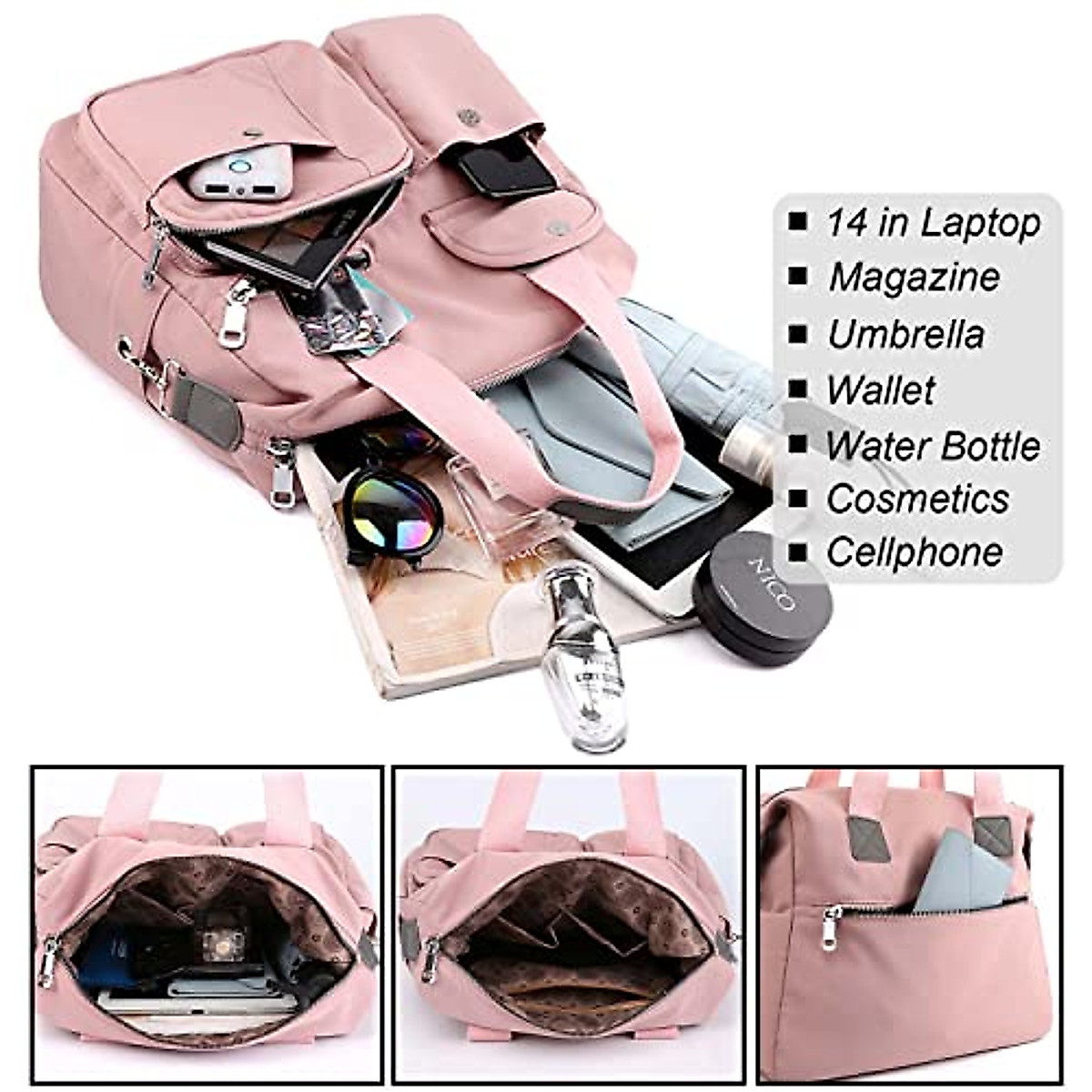 Women Utility Tote Bag Waterproof Nylon Multi Pocket Shoulder Bags Work Bag Teacher Purses and Handbags for Nurses (Baby Pink)