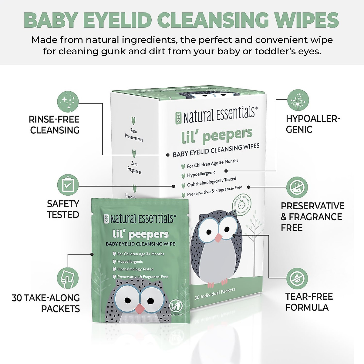 Natural Essentials Lil' Peepers Baby Eye Wipes and Eyelid Cleanser, Preservative-Free & Rinse-Free, Pediatrician Recommended Hypoallergenic Soft Eyelid Wipes for Babies, Kids and Adults (30 Count)