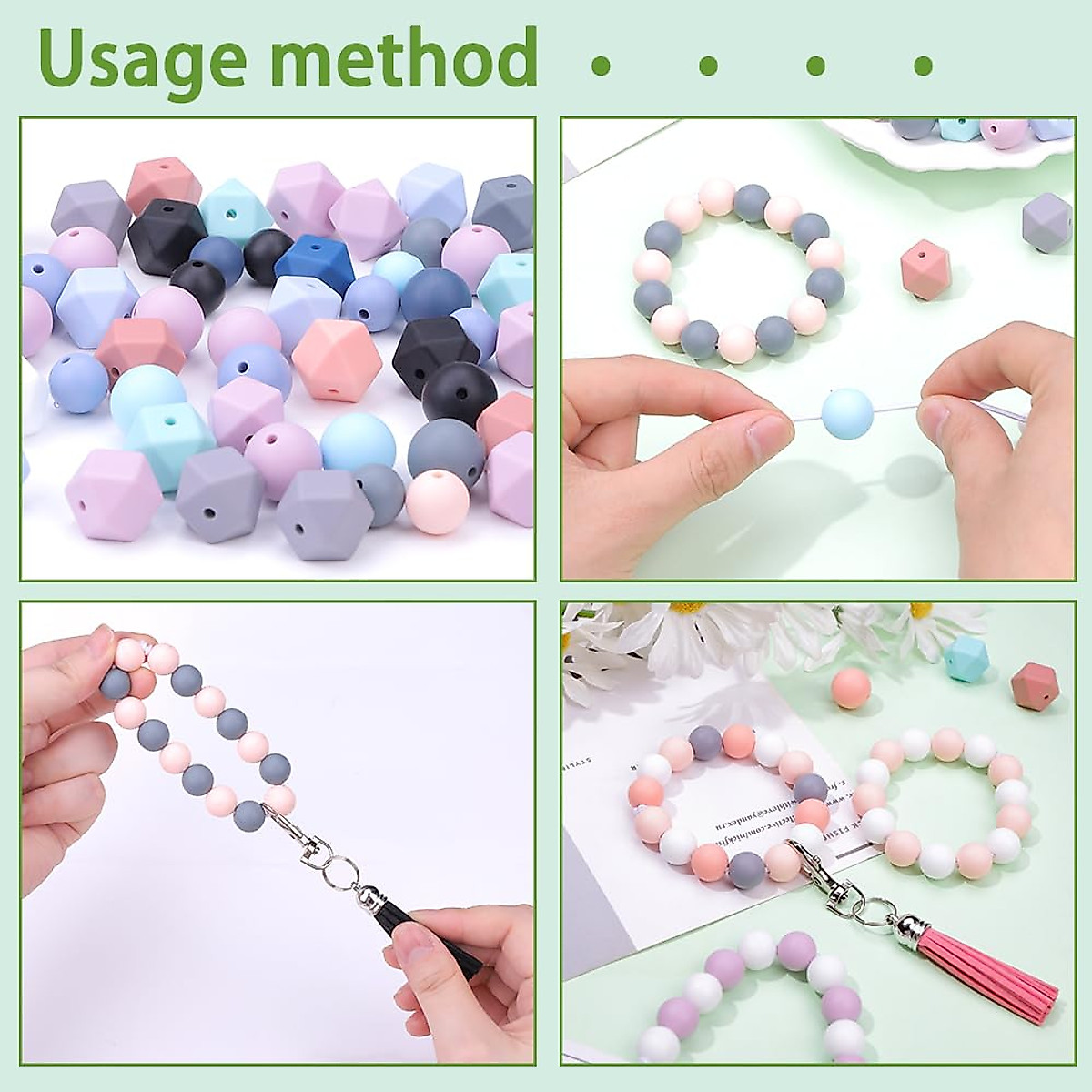 Vellibring 121 PCS Silicone Beads for Keychain Making Kit,12mm 15mm Round 14mm Polygonal Rubber Beads Multicolor Bulk Silicone Loose Beads for DIY Necklace Bracelet Jewelry Making Supplies