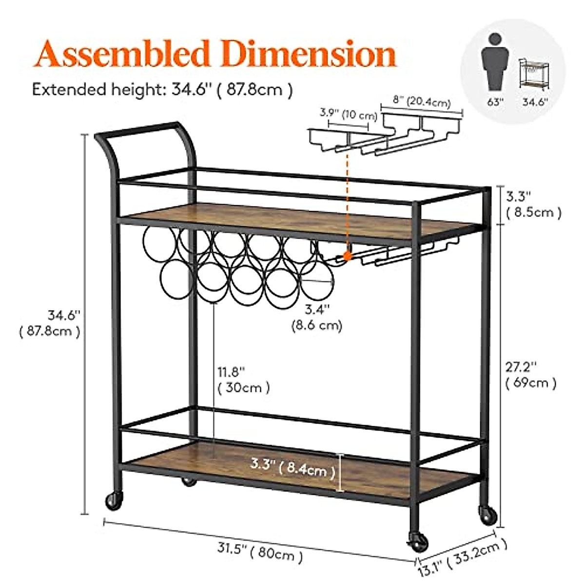 Lifewit Bar Cart, Home Bar Serving Cart, 2 Tier Drink Cart with 9 Wine Bottle Racks, Liquor Beverage Cart for Kitchen Dining Living Room Outdoor, 31.5" x 13" x 34.6", Black