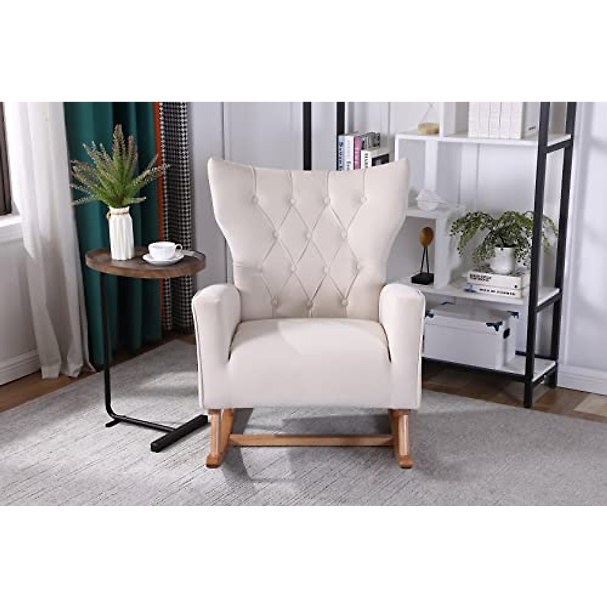 Ergonomic Nursery Rocking Chair-High Back Rocking Chair Comfortable Rocker with Fabric Padded Seat,Perfect for Living Room, Bedroom, Baby Room, and Balcony,Beige