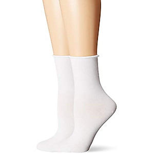 Dr. Scholl's Women's American Lifestyle Collection Roll Top Crew Socks (2 Pack), White, Shoe Size: 4-10