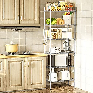 Auslar Metal Storage Shelves 6 Tier Wire Shelving Unit - Metal Racks for Storage with Adjustable Level Feet and Hanging Hooks, Chrome, Grey (24.26" L x 11.5" D x 63" H)
