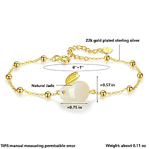 Rofeego Natural White Jade Rabbit Bunny Charm Link Bracelet 925 Sterling Silver Adjustable Mother's Day Gift Anniversary Jewelry Birthday Gifts for Women Wife Girlfriend Her (22k gold plated)