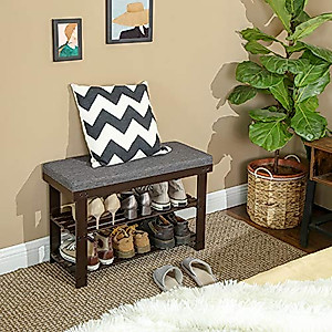 SONGMICS Bamboo Shoe Bench, 2-Tier Shoe Rack, Stable Shoe Organizer for Entryway, Living Room, Bench Seat Holds Up to 330 lb, 11.4 x 28 x 19.3 Inches, Brown and Gray ULBS604CG