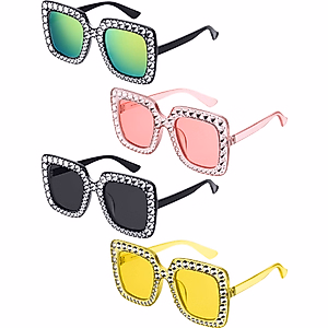 Frienda Oversize Square Sparkling Sunglasses Retro Thick Frame Sunglasses (Light Yellow, Clear Pink, Gray, Pink, 4 Pieces)