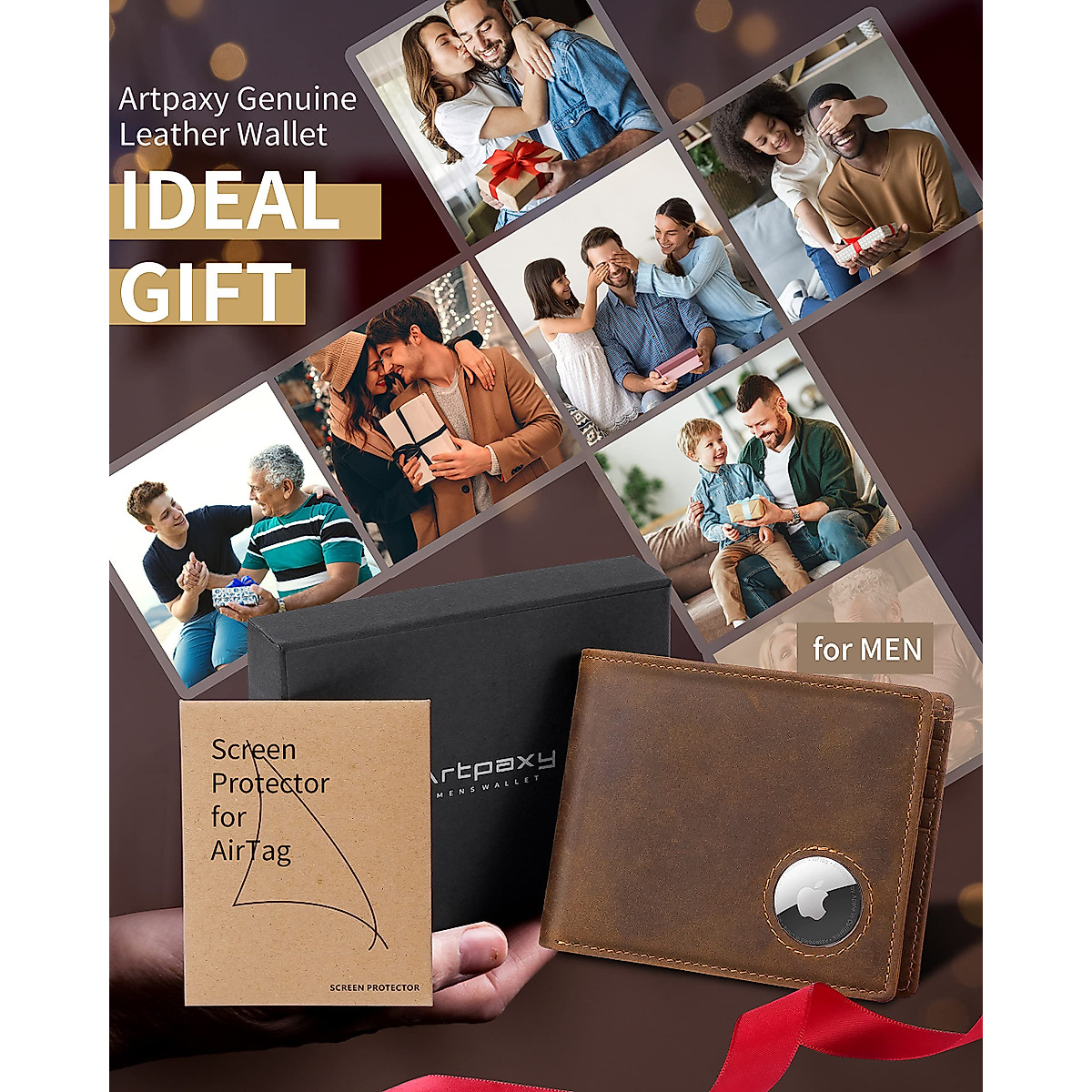 Mens Wallet With AirTag Holder, Bifold Leather RFID Blocking 2 ID Windows 12 Card Holders, Gift Box and Screen Protector Included, AirTag Not Included