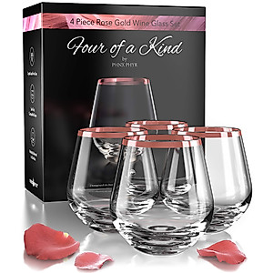 Phnx Phyr Hand Blown Crystal Rose Gold Wine Glasses set 4 - Stemless wine glass set - Stemless wine glasses - Red wine glasses set of 4 - Large white wine glass - Wedding - Gift packaging