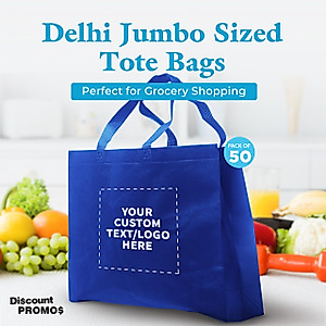 DISCOUNT PROMOS Custom Jumbo Sized Tote Bags Set of 50, Personalized Bulk Pack - Reusable Grocery Bags, Shopping Bags, Promotional Item Totes for Women - Blue