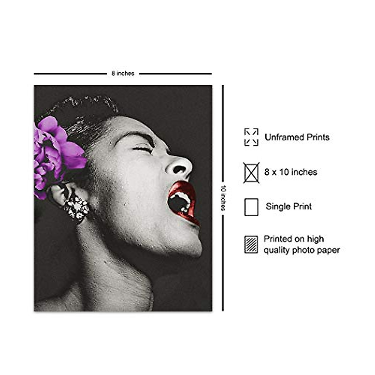 Billie Holiday Poster - African American Wall Art - Black Wall Decor - Gift for Singer, Performer, Black History - 8x10 Wall Art for Bedroom, Living Room, Jazz Music Studio - Lady Sings the Blues