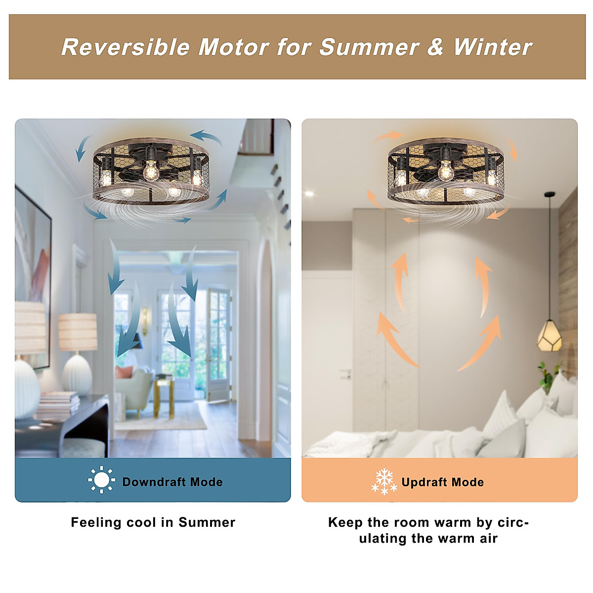 Ohniyou 20'' Flush Mount Caged Ceiling Fan with Lights Remote Control, Farmhouse Rustic Low Profile Small Vintage Enclosed Ceiling Fan Lighting Fixture Bedroom Dining Room