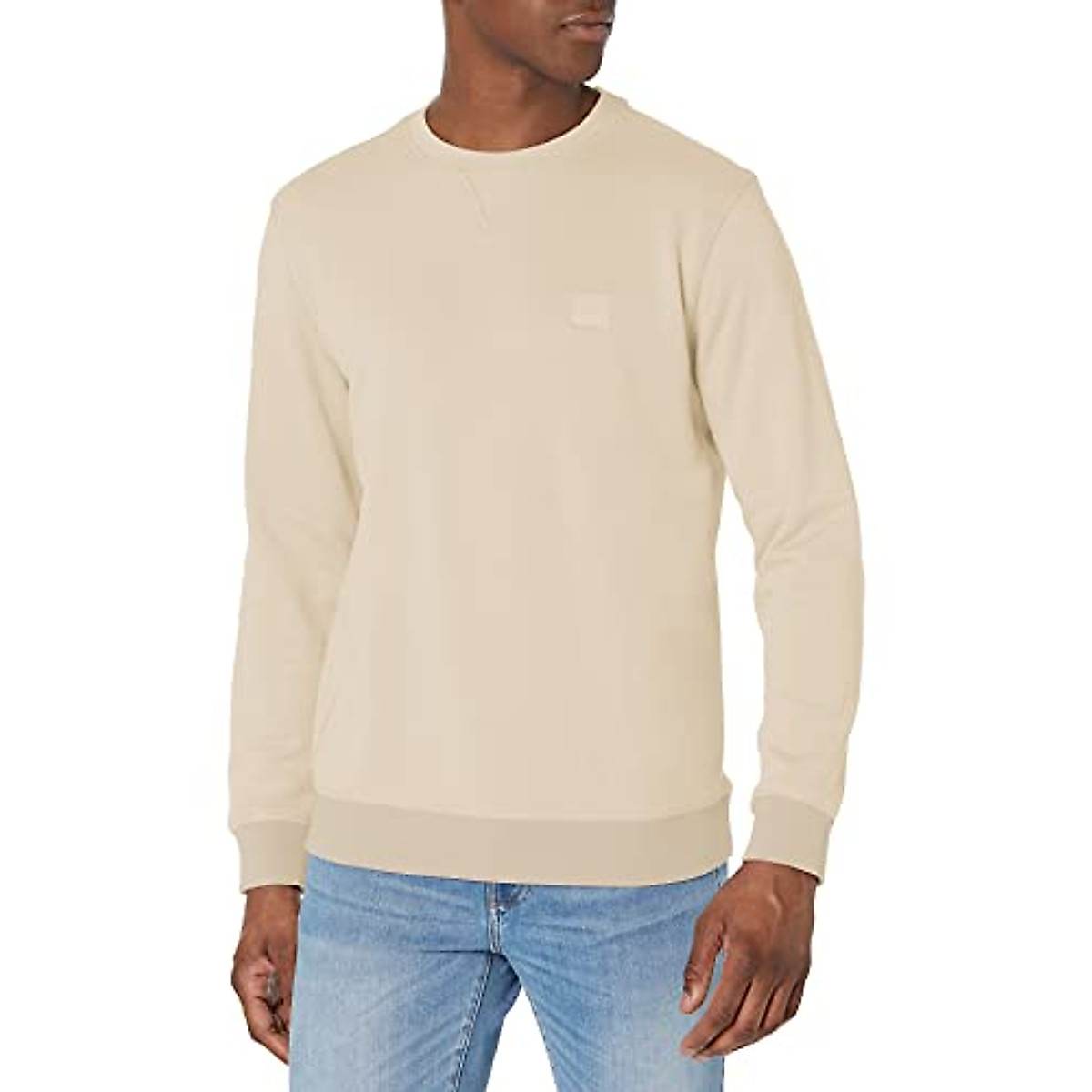 BOSS Men's Patch Logo French Terry Pullover Cotton Sweatshirt, Cloud Cream, M