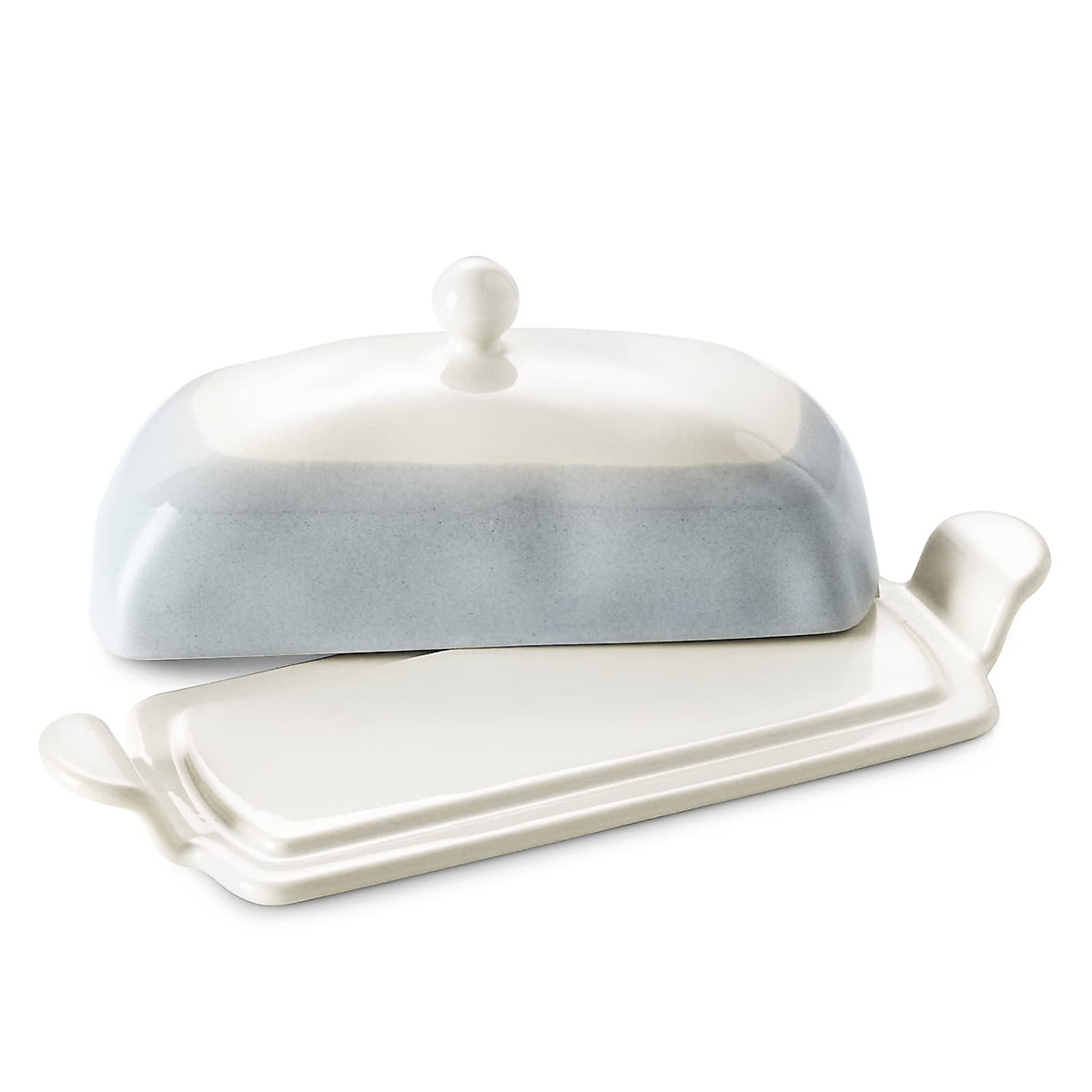 DOWAN Butter Dish, Ceramic Butter Keeper for Countertop, 8.6 inch Butter Holder with Handle Cover, for Home Kitchen Decor, Butter Container Perfect for East West Coast Butter, Light Blue & White