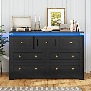 AOGLLATI Dresser for Bedroom, Black Dresser with 7 Drawers, Dressers & Chest of Drawers, Modern Led Wide Long Bedroom Dresser with Top Floating Design for Bedroom Hallway,Black