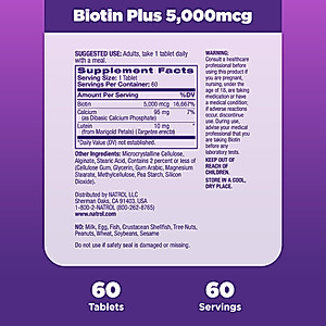 Natrol Beauty Biotin Plus Lutein 5,000 mcg, Dietary Supplement to Support Healthy Hair, Skin and Nails, 60 Beauty Tablets for Adults, 60 Day Supply