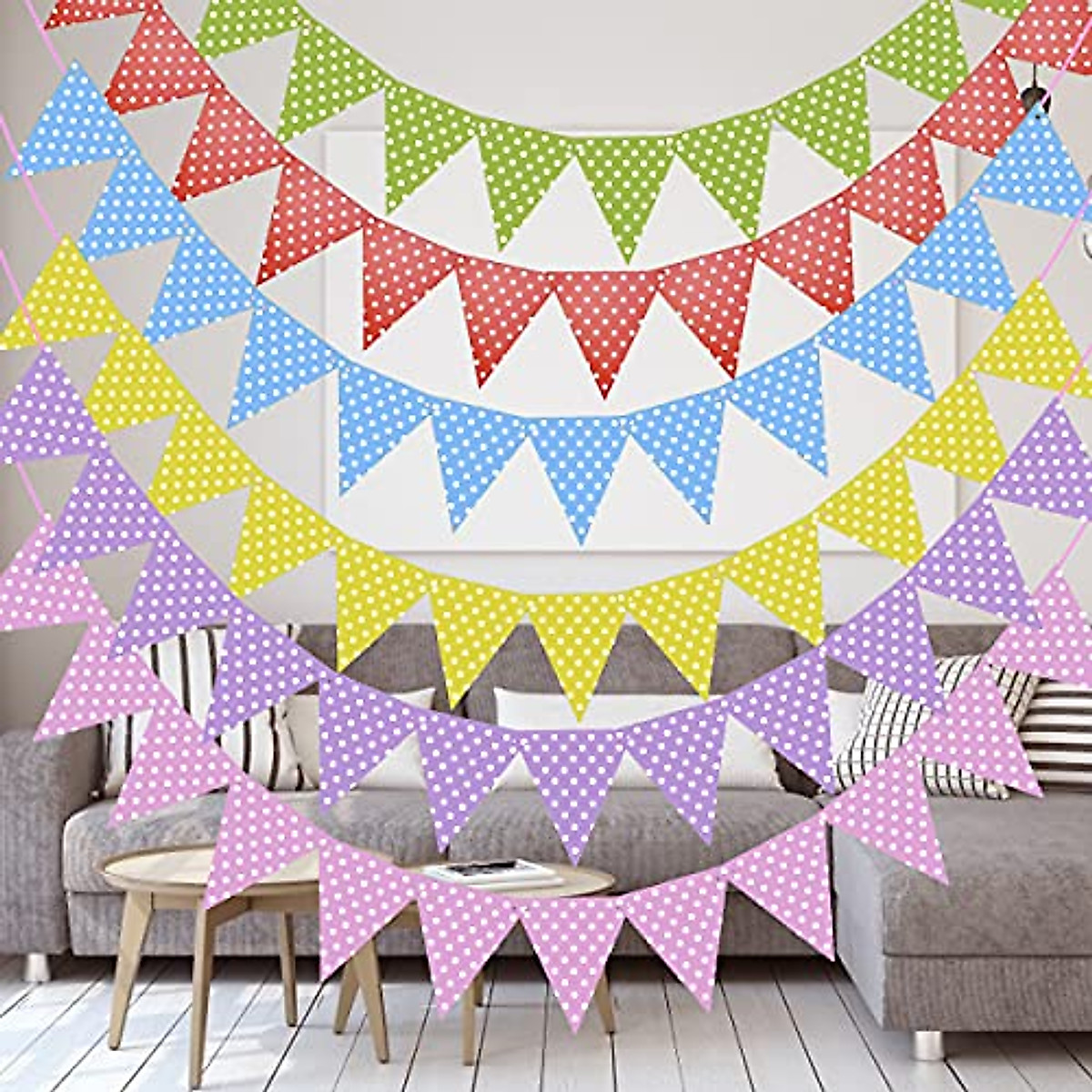 98FT Pennant Banner 6Pack 72PCS Triangle Flags Paper Pennant Bunting Garland Polka Dot Print Pennant Hanging Triangle Flags for Theme Party Decorations Supplies