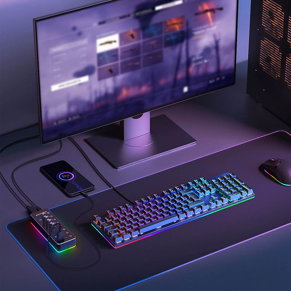 Powered USB Hub, RSHTECH RGB 7 Ports USB 3.0/USB C Hub with 14 Mode RGB LED Strip, Individual Touch Switches, 3.3ft Cable and 5V/4A Power Adapter, Aluminum Gaming USB Hub for PC and Laptop, RSH-518R