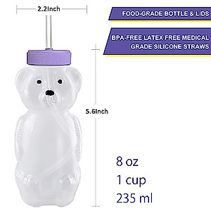 Honey Bear Straw Cups, Juice Bear Bottle Drinking Cup Long Straws with 4 Flexible Straws & Cleaning Tools, 8-Ounce Therapy Sippy Bottles for Speech and Feeding Training, Food-Grade & BPA Free 2 Pack