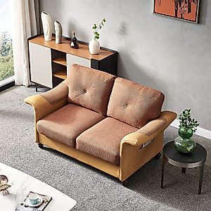 FIQHOME LoveSeat, General Use Linen Fabric Faux Leather with Wood, Upholstered Love Seat Armchair Couch with Wide Wooden Legs for Living Room and Office,Brown