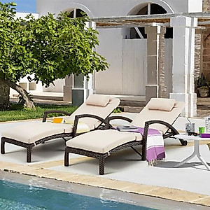 HOMREST Chaise Lounge Chairs Set of 2 for Outside, Adjustable 5 Position Outdoor PE Rattan Wicker Patio Pool Lounge Chair with Arm, Cushion, Pillow and Wheels for Poolside Backyard Deck Porch,Khaki