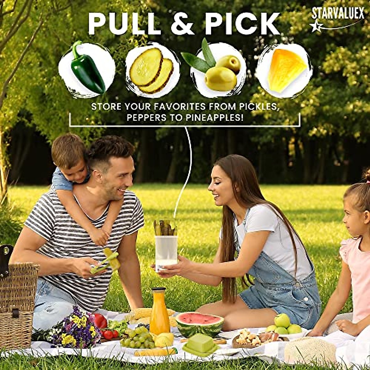 Pickle Pal Pickle Container with Strainer | Jalapeno Container with Pickle Grabber | Pickle Jar with Strainer Flip for Olives, Fruit, Veggie Containers | Pickle Holder 40 oz | Chamoy Pickle Kit