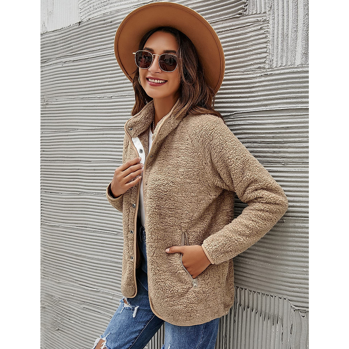 Micoson Cardigan for Women Oversized Fuzzy Fleece Long Sleeve Open Front Hooded Jacket Coat Winter Outwear with Pockets