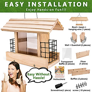 Bird Feeders for Outdoors Hanging - Wooden Bird Feeder Hopper, Cardinal Bird House Feeder, Large Bird Feeder with Suet Holder for Outside, Wild, Outdoors Hanging Pole