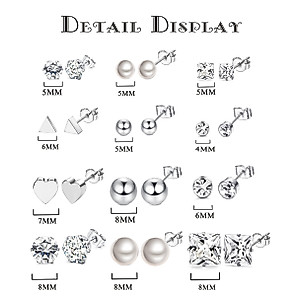 Thunaraz 12Pairs Surgical Steel Stud Earring Set Earring Ball Triangle Heart CZ Earring