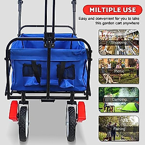 Wrilibo Collapsible Folding Wagon with Wheels Brakes Heavy Duty Outdoor Utility Wagon Cart All Terrain Foldable Beach Wagon with Adjustable Handle Garden Cart with Side Pockets, Blue