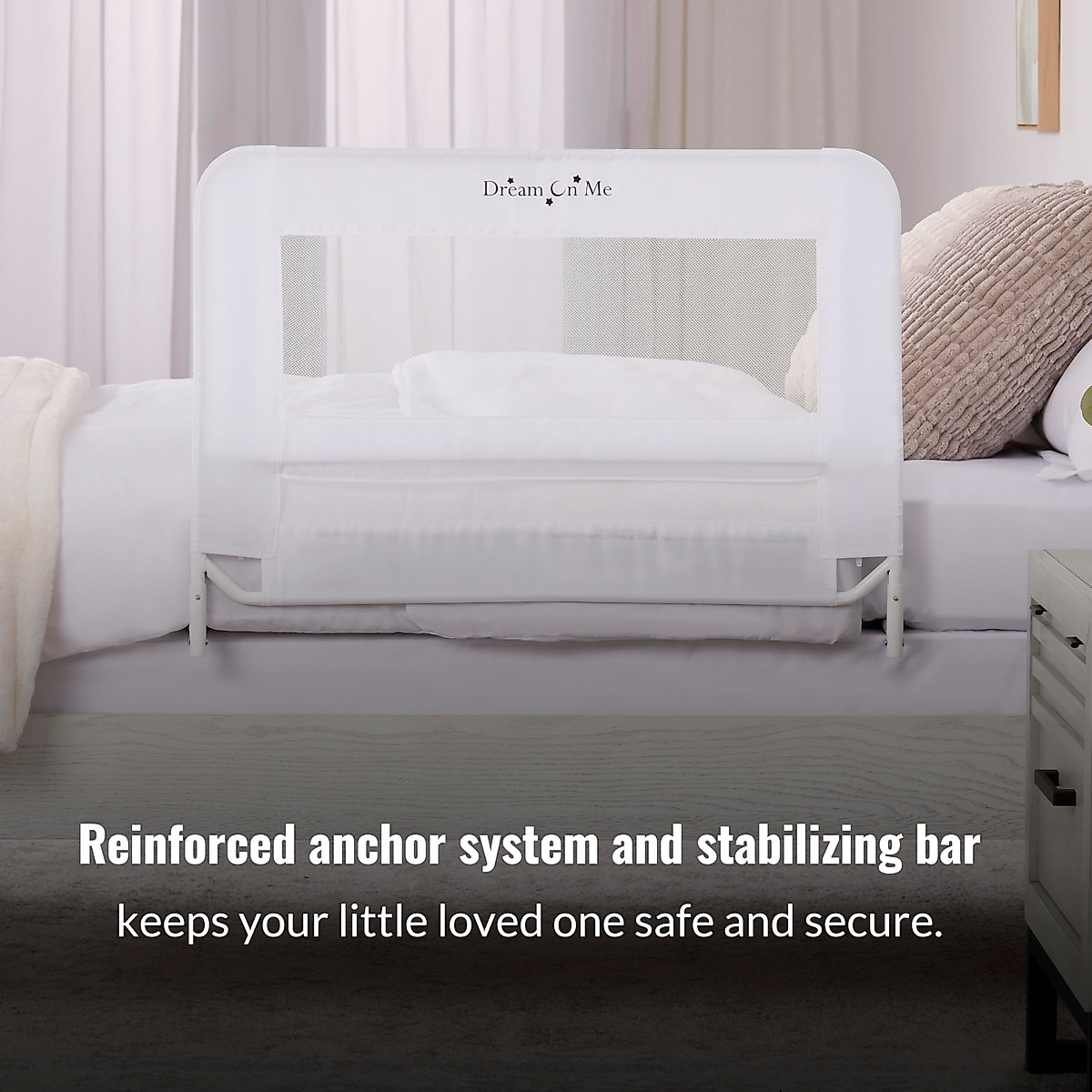 Dream On Me Lightweight Mesh Security Adjustable Bed Rail for Toddler with Breathable Mesh Fabric in White