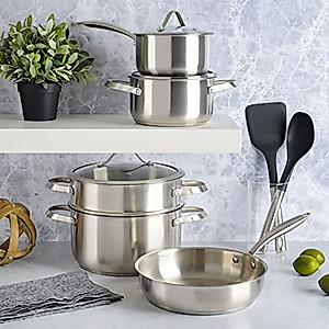 Kenmore Aiden 10 Piece Brushed Stainless Steel Pots and Pans Cookware Set with Kitchen Tools
