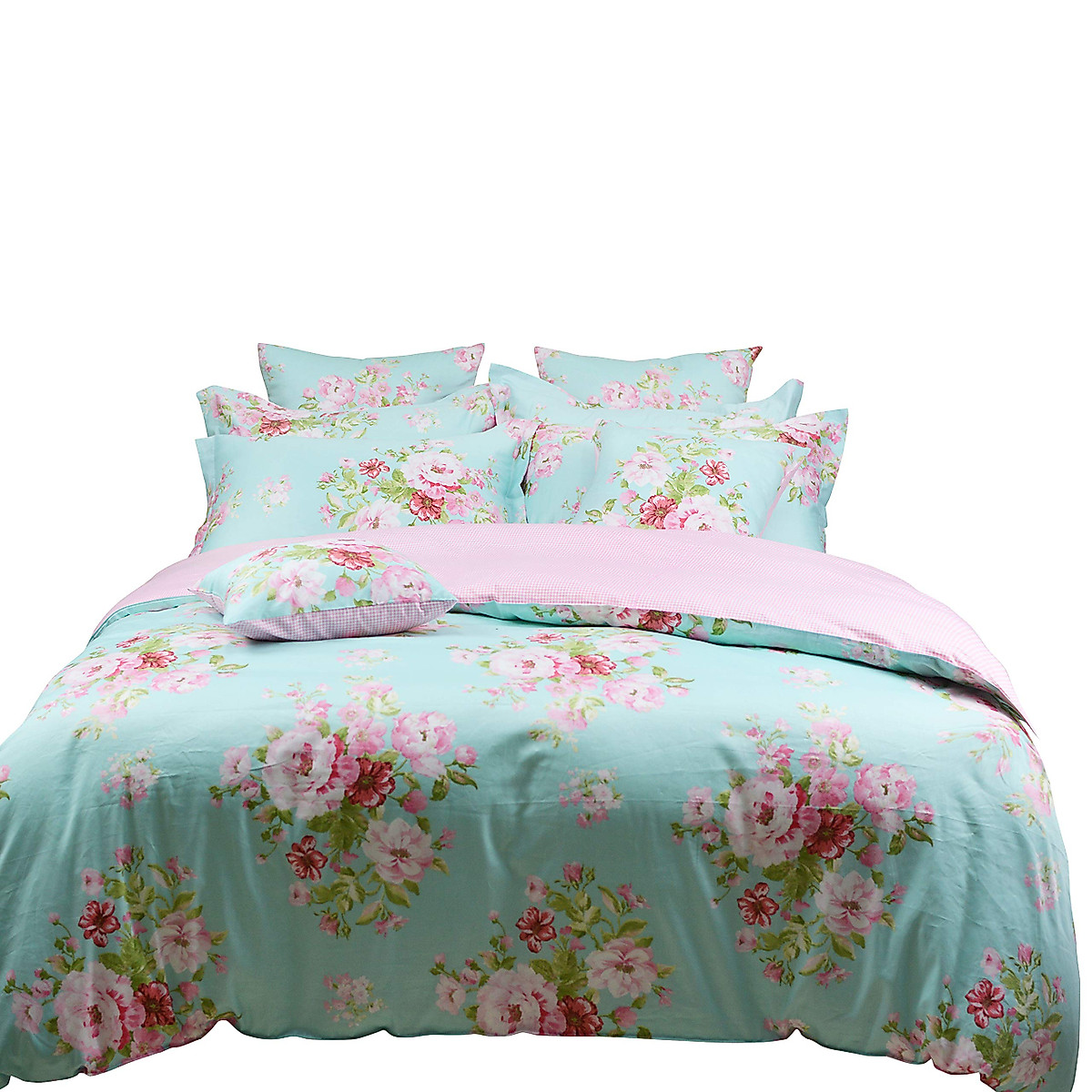 FADFAY Shabby Floral Duvet Cover Set Pink Grid Cotton Farmhouse Bedding with Hidden Zipper Closure 3 Pieces, 1duvet Cover & 2pillowcases,King/California King Size