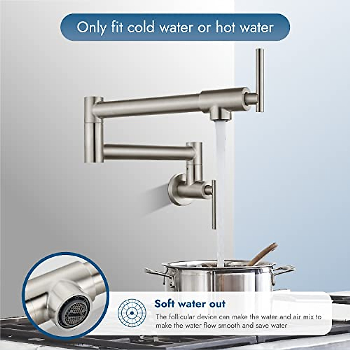 Cinwiny Brushed Nickel Pot Filler Wall Mount Kitchen Restaurant Sink Faucet Stainless Steel Stretchable Commercial Faucet with Folding Double Joint Swing Arm Single Hole Two Handles