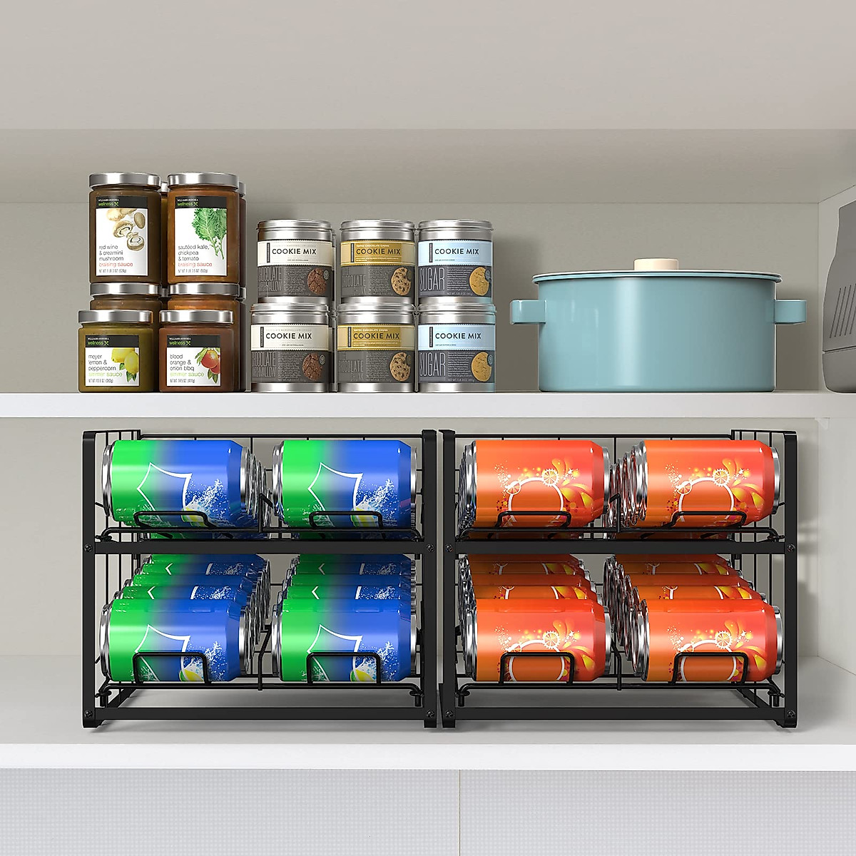 OYEAL Soda Can Organizer Beverage Rack Dispenser Stackable Can Rack Organizer for Pantry Refrigerator Kitchen Cabinets, Dispenser 20 Standard Size 12oz Soda Cans or Canned Food, 2 Pack